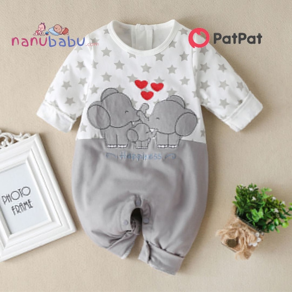 Elephant Applique Stars Print Splice Long-sleeve White Baby Jumpsuit-3nb13-19726554 | NanuBabu.com